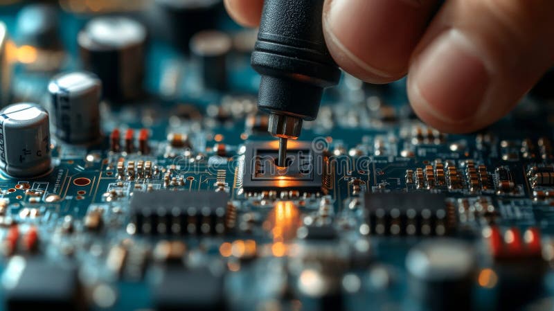 Technician Testing a Circuit Board with a Probe in a Laboratory during ...