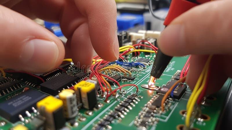 Technician Testing Electronic Circuit Board with Multimeter Probes ...