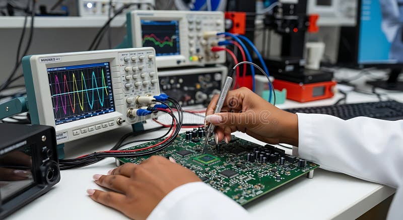 Analyzing Electronic Circuit Board with Oscilloscope Data Stock Photo ...