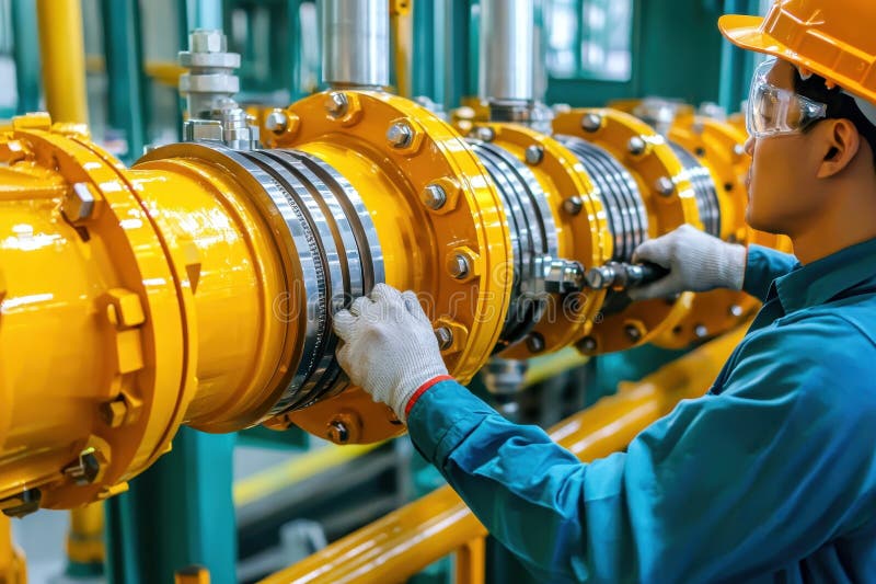 Technician Tightening Connection on Industrial Pipeline with Enhanced ...