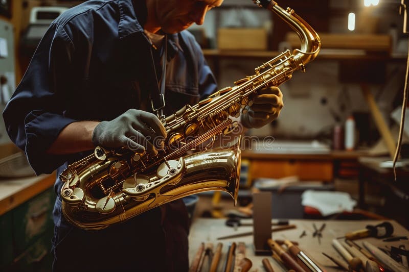 Technician Tuning a Saxophone in a Workshop. Generative AI Stock Photo ...
