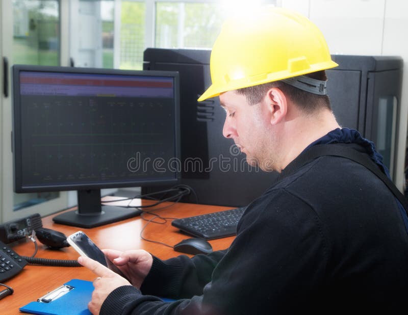 Technician Typing the Message in the Power Plant Control Center Stock ...