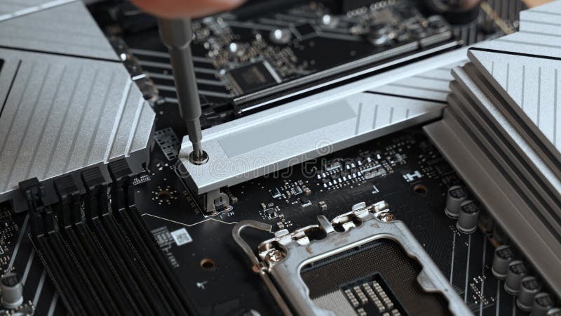 A Technician Unscrews a from a Cooling Radiator on a Motherboard Using ...