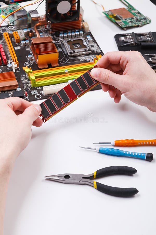Technician Upgrade of Computer Top View, Motherboard Stock Image ...