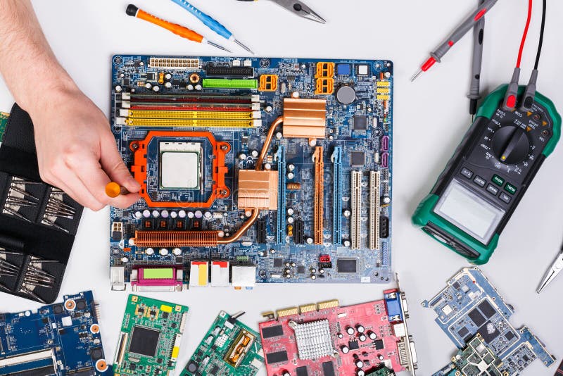 Technician Upgrade of Computer Top View, Motherboard Stock Image ...