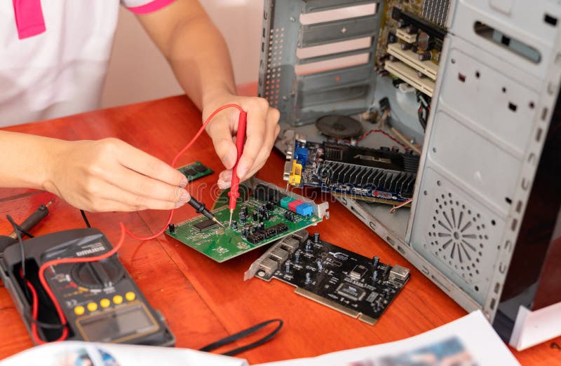 The Technician Use Multi Meter Checking the Computer Parts Stock Photo ...