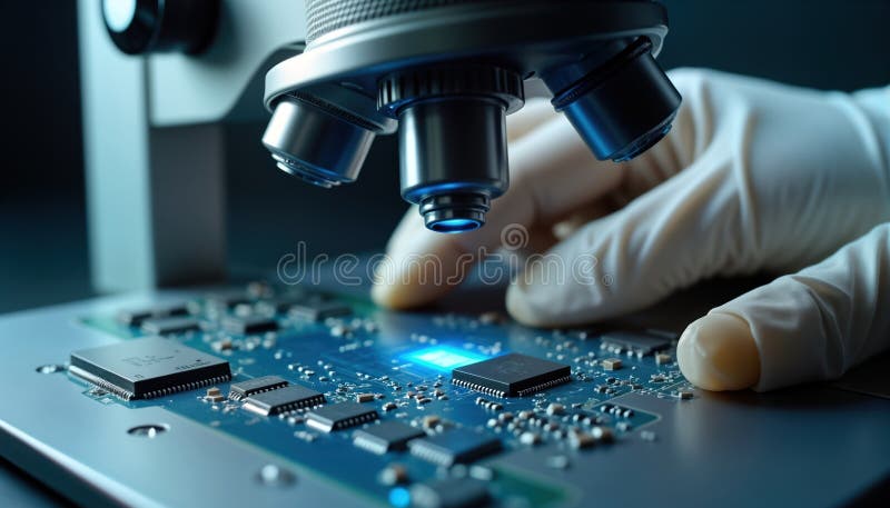 Technician Uses Electron Microscope To Inspect Computer Chips. Close-up ...