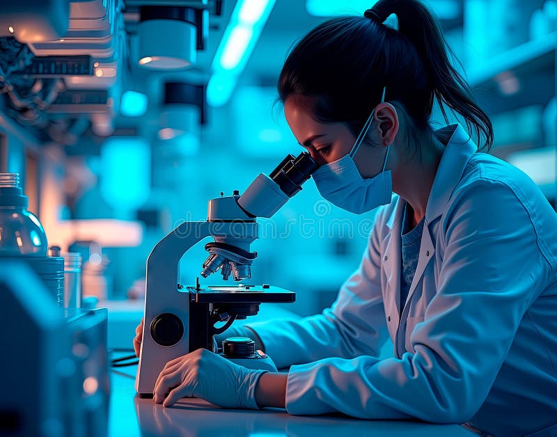 Laboratory Technician Examining Virus Samples Under a Microscope with a ...