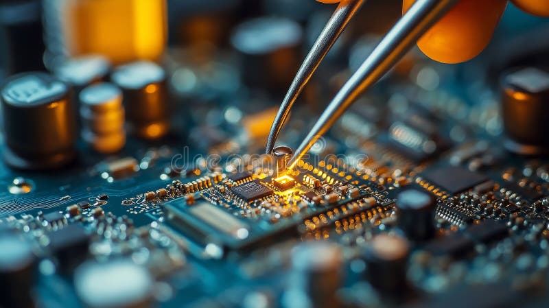 Technician Uses Precision Tweezers To Place a Component on a Circuit ...
