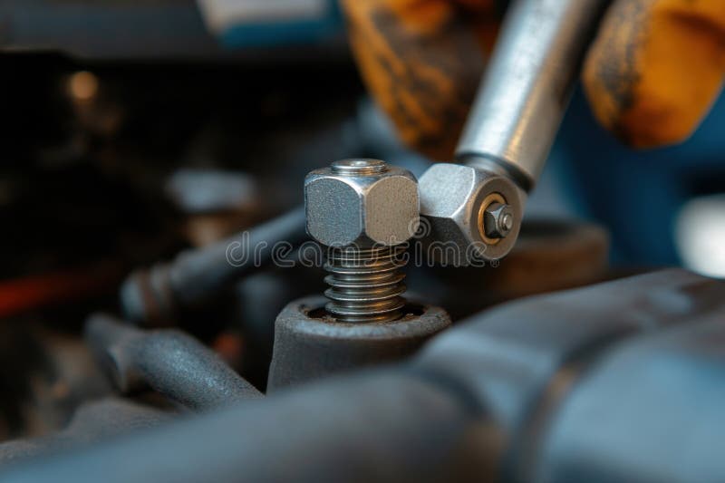 Tightening a Nut and Bolt in an Engine Assembly during Routine ...