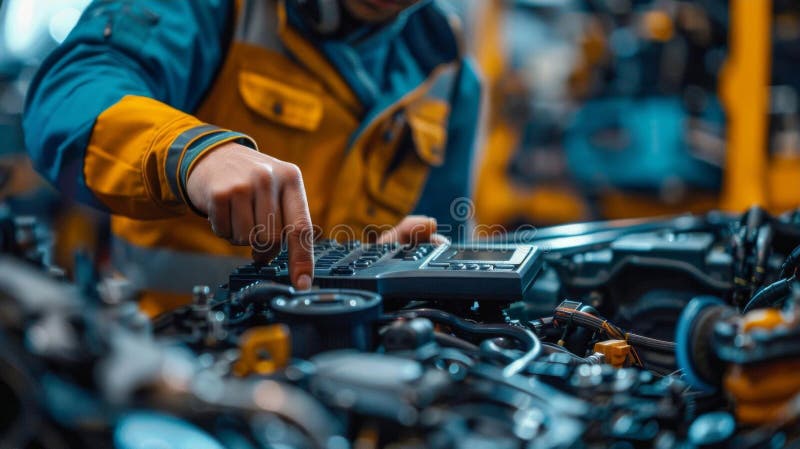 Technician Using Diagnostic Tool on Car Engine in Workshop Setting ...