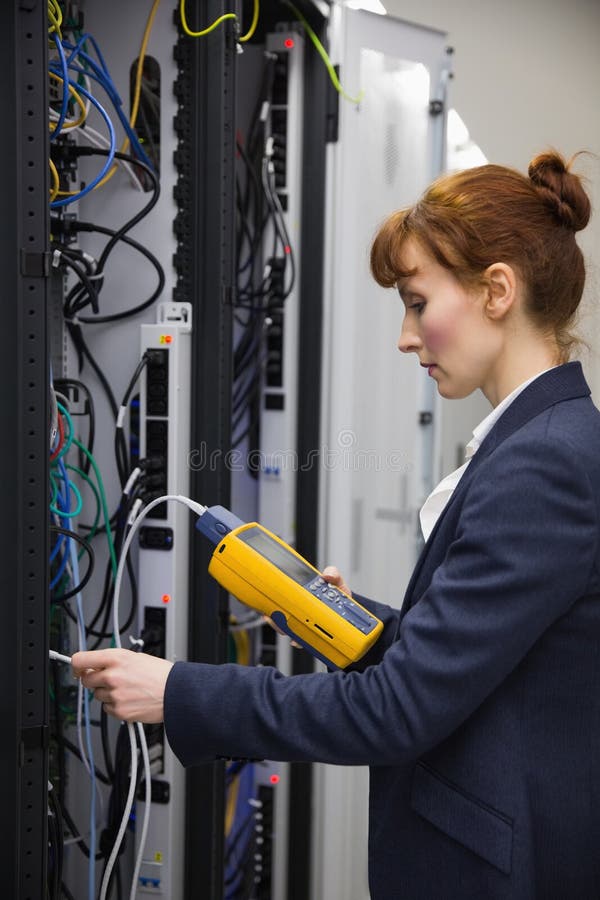 Technician Using Digital Cable Analyzer on Server Stock Image - Image ...