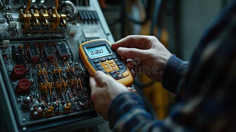 Technician Using a Digital Multimeter on a Complex Electronic Circuit ...