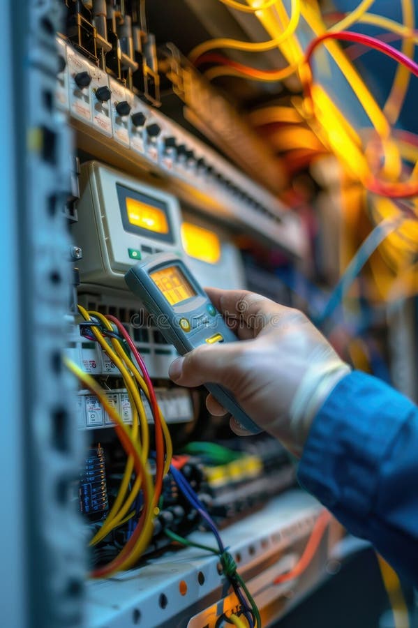Technician Using a Digital Multimeter To Check Voltage Levels in a ...