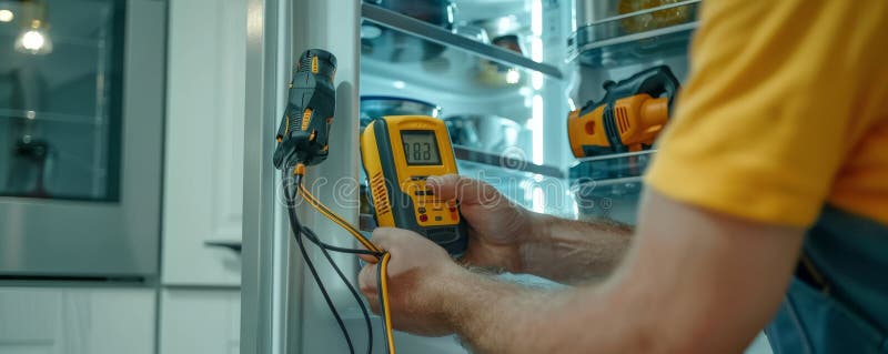 Technician Using an Electricity Multimeter To Check the Refrigerator ...