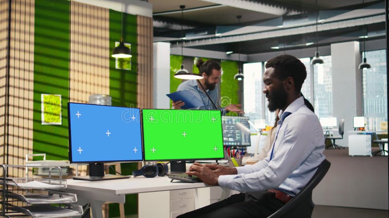 Technician Using Green Screen PC To Code AI Algorithms Debugging ...