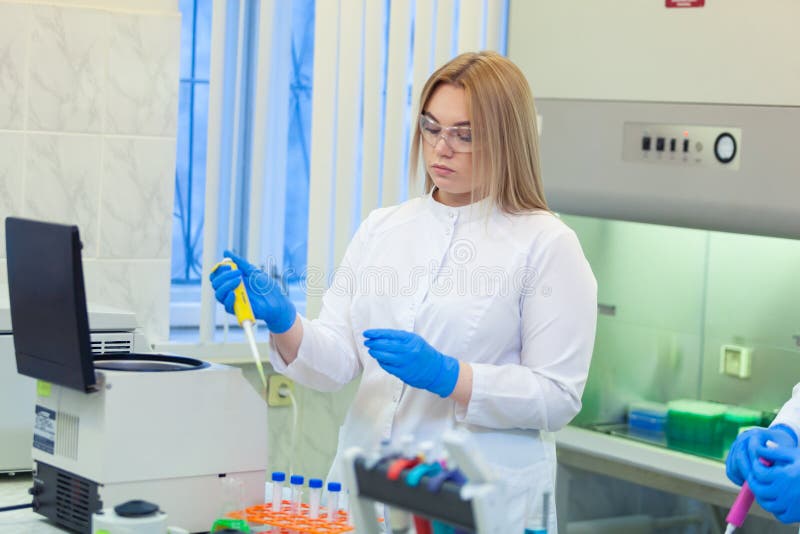 Technician Using Laboratory Pipette and Loading Samples To a Centrifuge ...