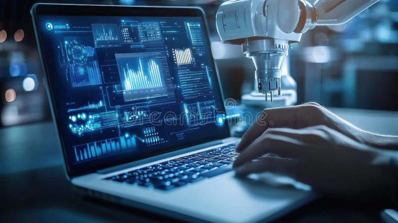 A Technician Using a Laptop Connected To a Robotic Arm with the Screen ... A Technician Using a Laptop Connected To a Robotic Arm with the Screen ...