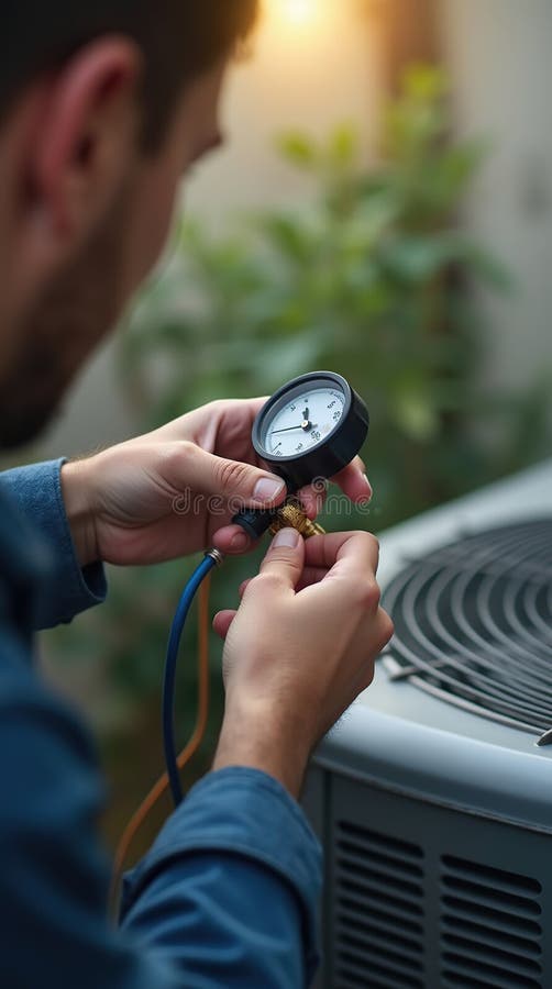 Technician Using Manifold Gauge To Check Home Air Conditioning System ...