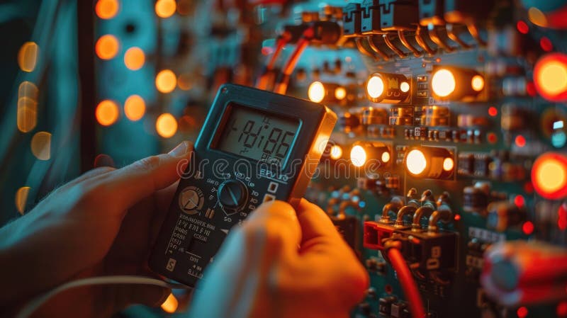 Technician Using Multimeter on Electrical Circuit Board Stock ...