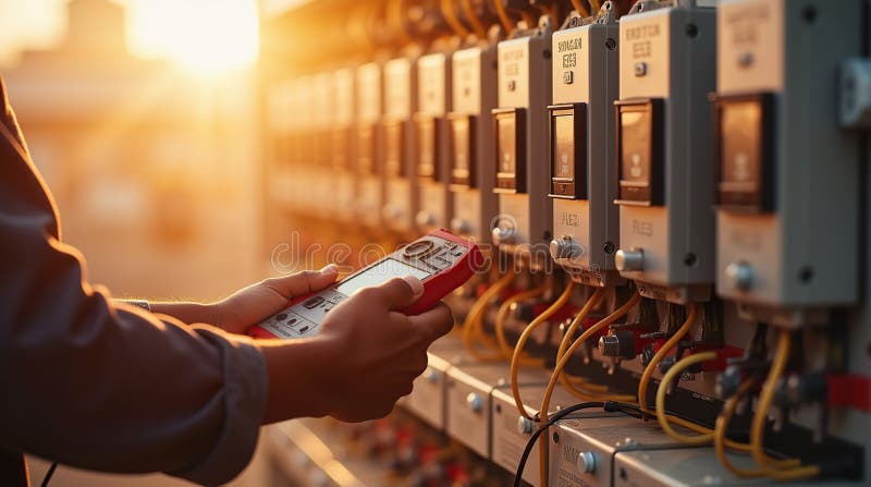 Technician Using Multimeter To Check Electrical Panels during Golden ...