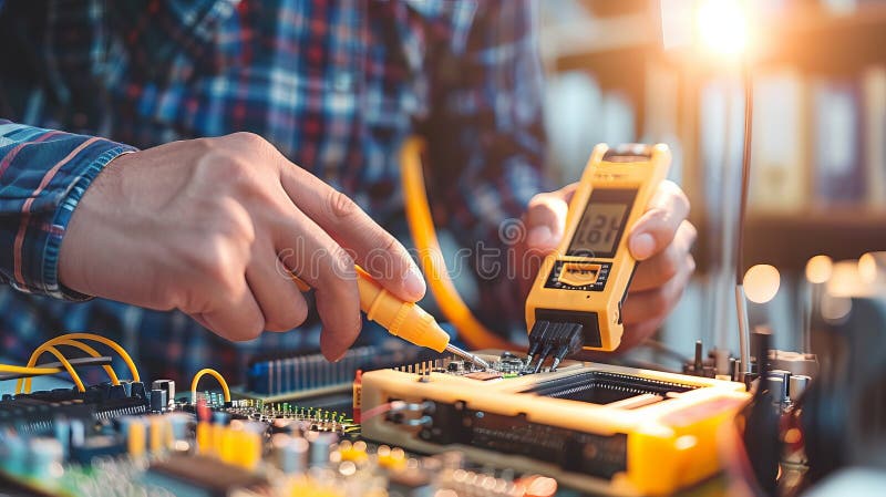 Technician Using a Multimeter To Test Electronics on a Circuit Board ...