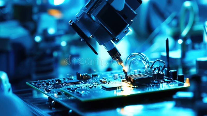 Technician Using Precision Equipment To Repair a Circuit Board in a ...