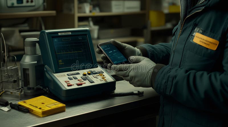 Technician Using Smartphone and Oscilloscope in Laboratory Stock ...