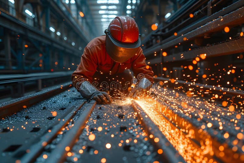 Technician Using a Steel Cutting Machine in Factory Stock Illustration ...