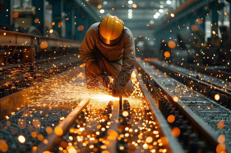 Technician Using a Steel Cutting Machine in Factory Stock Illustration ...