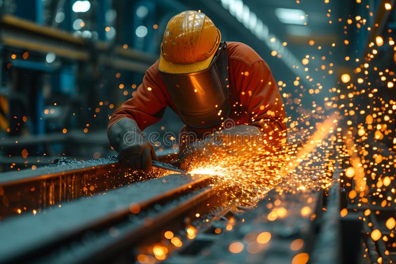 Technician Using a Steel Cutting Machine in Factory Stock Illustration ...