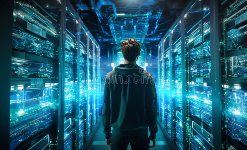 A Technician Walks through a Blue Server Room, Checking on the Status ...