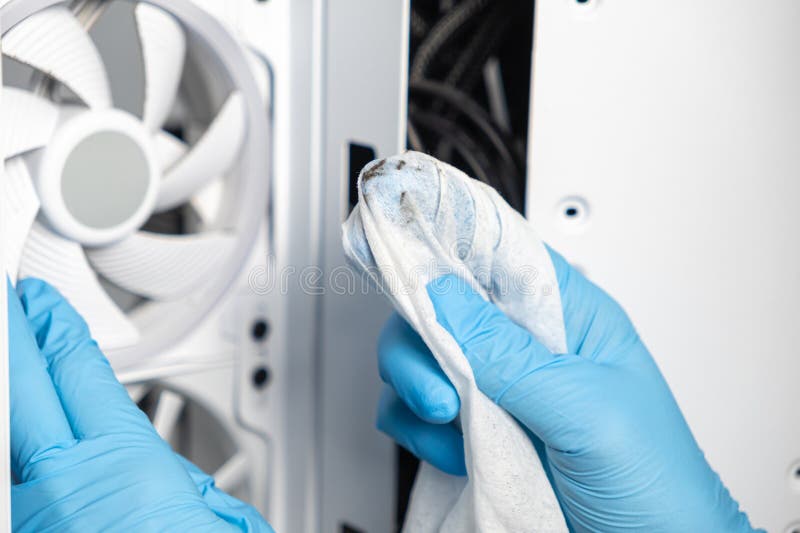 Technician in Blue Gloves Cleaning Computer Case Interior with Dirty ...