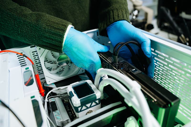 Technician Wearing Gloves Installing GPU in Custom Computer Build ...