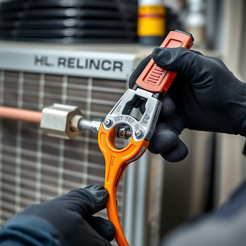 A Technician Wearing Gloves Using an HVAC Clamp Tool To Secure a ...