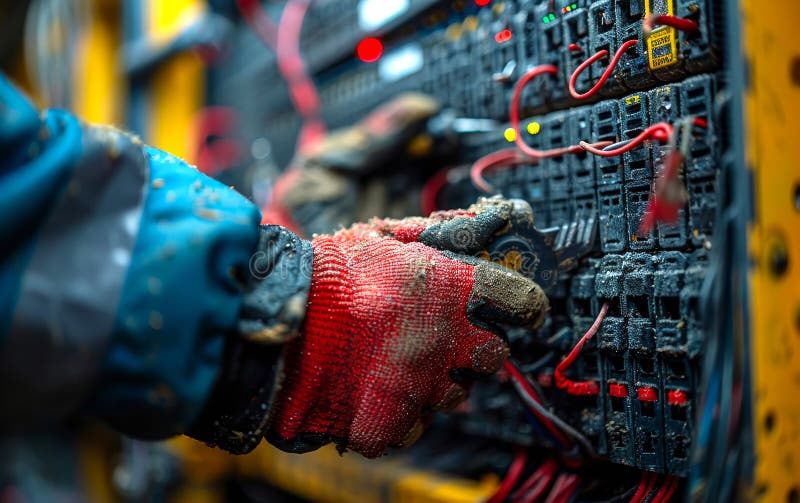 A Technician Wearing Gloves Works Meticulously on Wiring in a Control ...