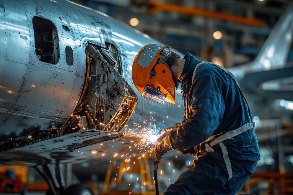 A Technician Welding an Aircraft Component, Creating Sparks in an ...