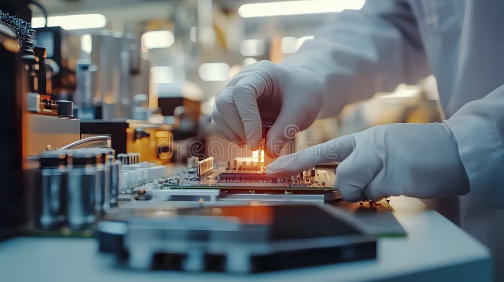 Technician in White Gloves Working with a Circuit Board Under Stock ...