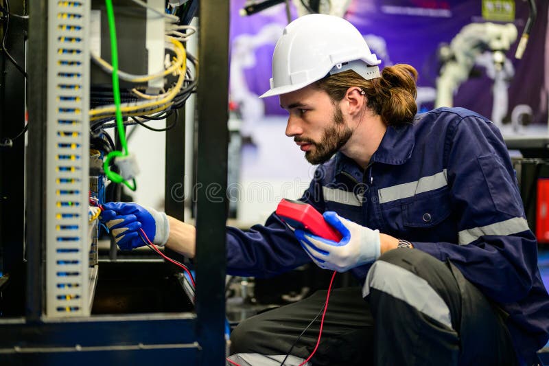 Technician with White Helmet Checking and Repairing Part Stock Photo ...