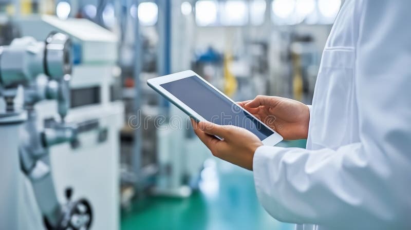 Technician in White Working on a Digital Tablet in a Clean Modern ...