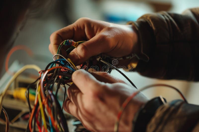Technician Wiring a Complex System, Carefully Connecting Wires with ...