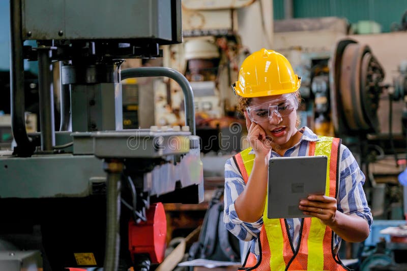 Technician Woman with Tablet Check or Maintenance the Machine in ...