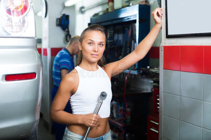 Technician Woman Working in Car Workshop Stock Image - Image of garage ...