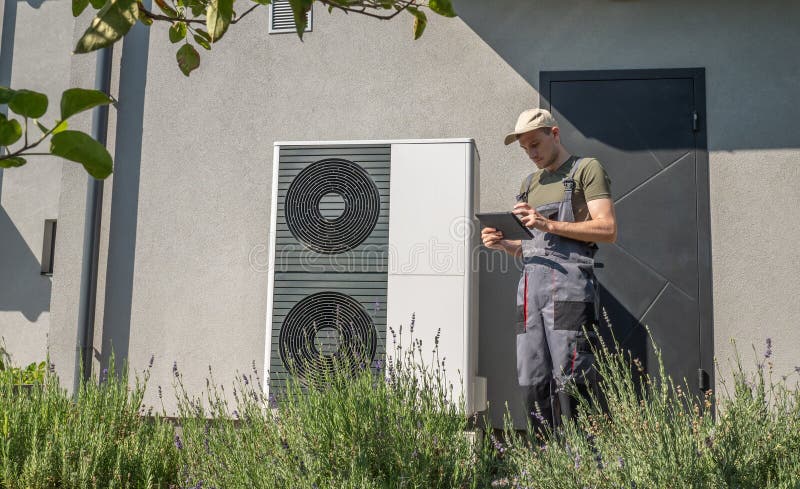 A Technician in Work Overalls Checking a Heat Pump Unit with a Tablet ...