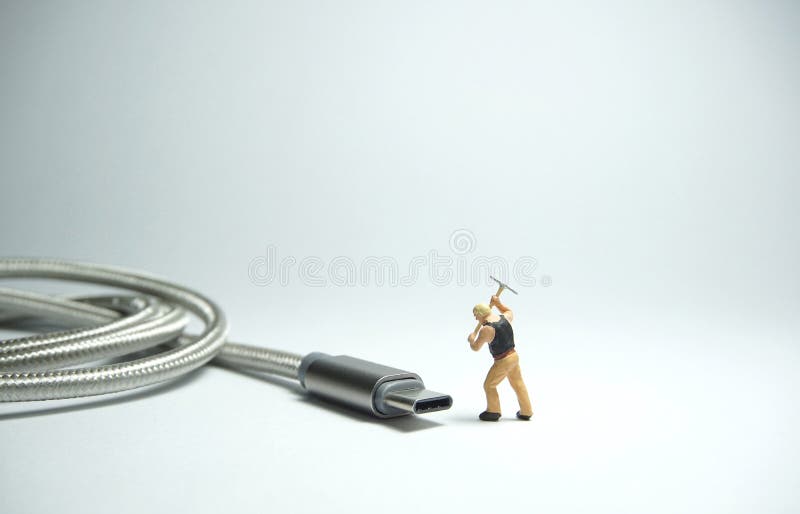 Technician Worker Figure Standing in Front of Usb USB Type C Cable. it ...