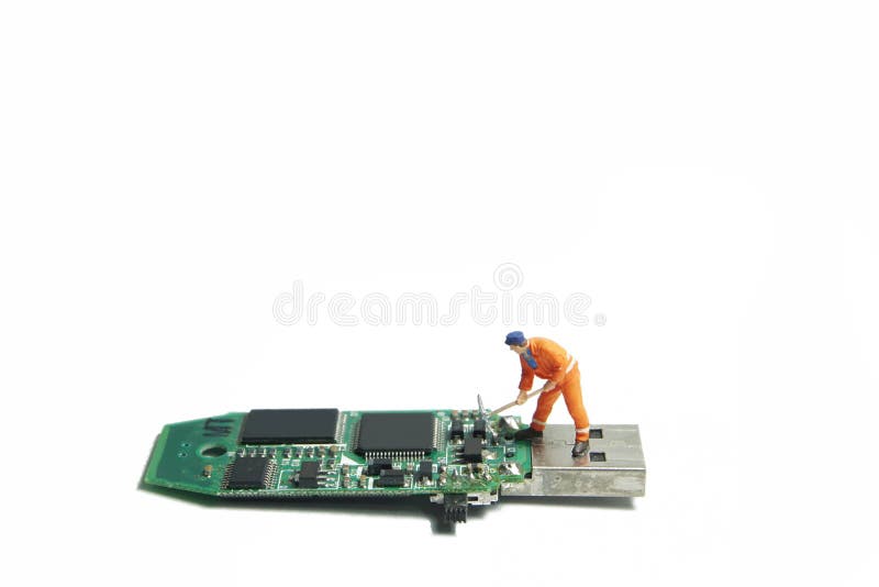 Technician Worker Figure Standing on a Old Usb Flash Drive. it Support ...
