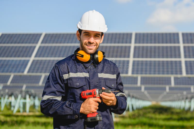 Technician Worker Installing Solar Panels at Solar Cell Farm Stock ...