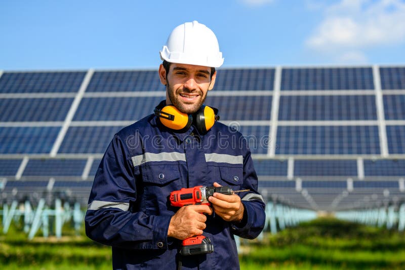 Technician Worker Installing Solar Panels at Solar Cell Farm Stock ...