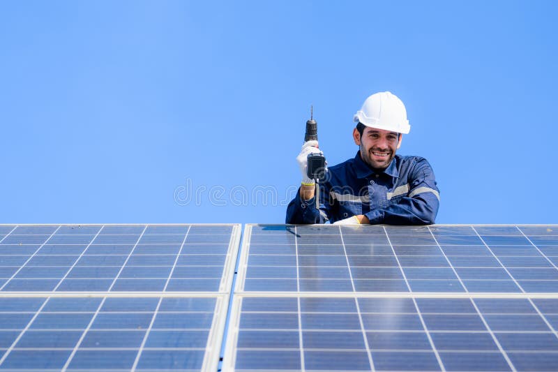 Technician Worker Installing Solar Panels at Solar Cell Farm Stock ...
