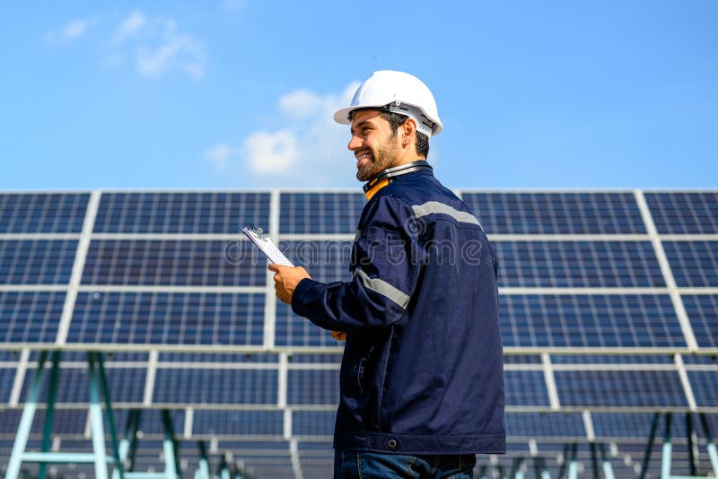 Technician Worker Installing Solar Panels at Solar Cell Farm Stock ...